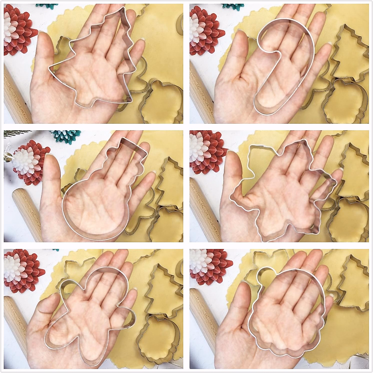 Large Christmas Cookie Cutters, 4" Holiday Cookie Cutters Shape with Recipe Instruction Gingerbread Men,Christmas Tree,Snowflake, Candy Cane,Santa Face and Snow Man for Baking