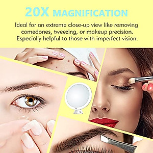 Beinocci 20x Magnifying Mirror with Light - 8'' Lighted Makeup Strong Magnification Portable Travel Suction Cup Easy Mounting LED Magnified for Bathroom, White (XH-011)