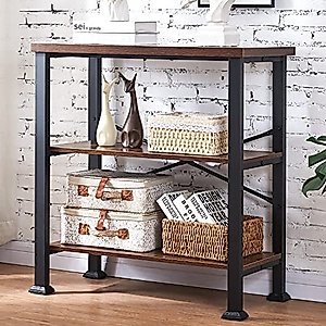 HOMBAZAAR Bookshelf, 3-Tier Vintage Industrial Book Shelf, Rustic Wood and Metal Bookcase and Bookshelves, Free Standing Storage Small Bookshelf for Living Room, Bedroom and Kitchen, Brown
