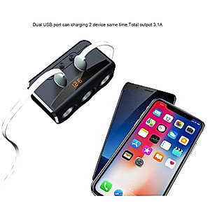 LIHAN 3 Socket Cigarette Lighter Adapter, Car Charger Plug Splitter with Dual USB Ports, 12V/24V Meter Monitor, Compatible with iPhone, LG, HTC, Samsung etc