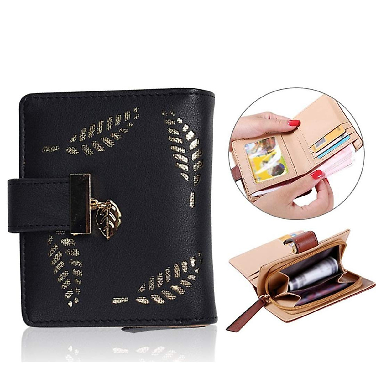 YaJaMa Women's Leaf Short Bifold Wallet Leather Credit Card Holder Case Clutch (Short Black)