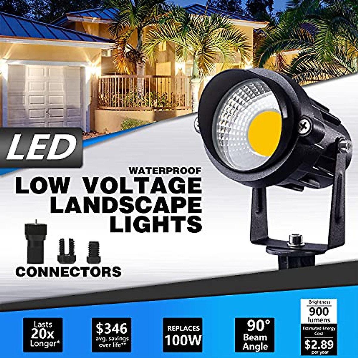 SUNVIE 12W LED Low Voltage Landscape Lights, Outdoor 12V 3000K Warm White (900LM) Waterproof Garden Pathway Lights Wall Tree Flag Spotlights with Spike Stand, 2 Pack with Connector