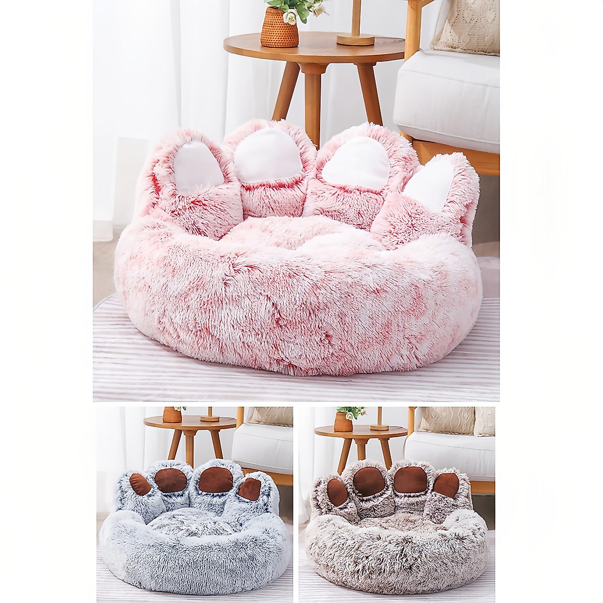 SEAHOME Dog Bed Cat Pet Sofa Cute Bear Paw Shape Comfortable Cozy Pet Sleeping Beds for Small, Medium, and Large Dogs and Cats, Soft Fluffy Faux Fur Cat Cushion Dog Bed (Small 22'' x 22'', Pink)