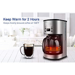 Drip Coffee Maker 12 Cup, Programmable Coffeemaker, Auto Shut-off Coffee Machine, 2 Hours Keep Warm Glass Coffee Pot, Grab-a-cup, LCD Display, Removable Filter,Stainless Steel, 1000W(Silver)