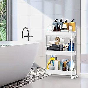 SPACEKEEPER Slim Storage Cart, 3 Tier Bathroom Storage Organizer Rolling Utility Cart Mobile Shelving Unit Slide Out Storage Tower Rack for Kitchen Laundry Narrow Places, White, 2 Pack