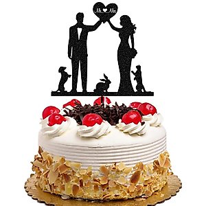 Mr & Mrs Wedding Cake Topper, Bride and Groom with Pet Dog Cat Rabbit Silhouette Party Cake Decorations, Engagement Bridal Shower Bachelorette Cake Decors Black Glitter