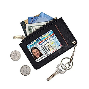 Small Wallets for Women Slim Leather Card Case Holder Wallet Coin Change Purse with Keychain (Black)
