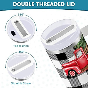 ODAWA 30 Oz Black White Plaid Christmas Trucks Insulated Tumblers with Handle and Straw Lid, Stainless Steel Vacuum Insulated Tumbler Travel Coffee Tumbler