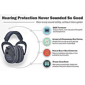Pro Ears Pro Tac Plus Gold Ear Muffs, Military Grade Electronic Hearing Protection & Amplification, NRR 26, DLSC Compression, Shooting, Hunting, Various Uses, Up To 250 Hours Battery Life