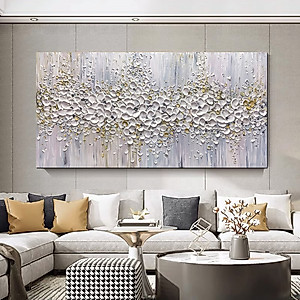 ART8YUQI Paintings - Contemporary Abstract Art Oil Painting On Canvas Texture 3D White Flower painting Handmade Artwork Picture Canvas Wall Art Modern Home Decor living room Ready to Hang 24x48inch