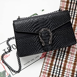 GLOD JORLEE Trendy Chain Crossbody Bags for Women - Luxury Snake-Print Leather Shoulder Satchel Bag Evening Clutch Purse Handbags (001-black)