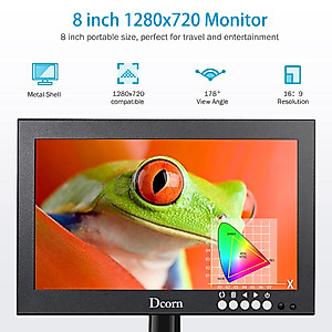 Dcorn 8 inch Mini Monitor, Small HDMI Monitor 1280x720 16:9 IPS Metal Housing Screen Support HDMI/VGA/AV/BNC Input with Wall Bracket&Remote Control,178 Full Viewing w/Speaker