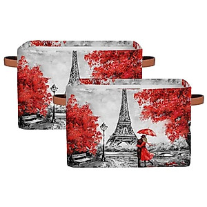 Rectangular Paris Baskets, Girls Storage Bins Kids Storage Basket with PU Leather Handles Cute Baskets Clothes Toys Box Books Baskets Gifts Baskets for Closet Shelf Nursery Bedroom 15x11x9.5 In