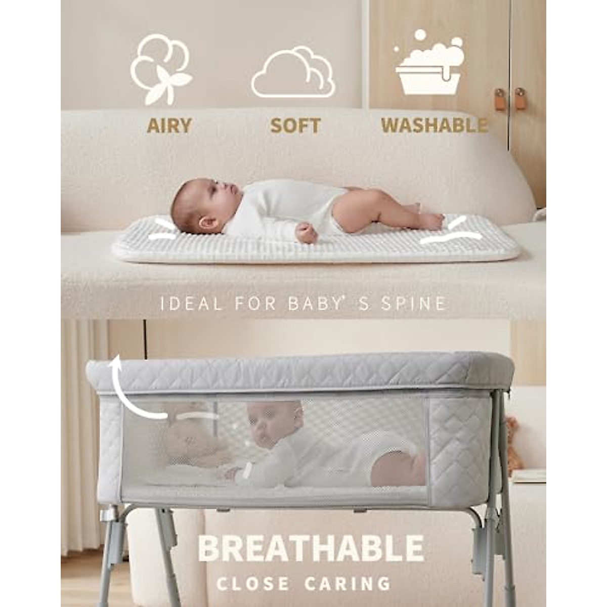 AirClub Bassinet Bedside Sleeper, Baby Bed Crib for Newborn, Bedside Crib Sleeper with 4 Auto-Lock & Adjustable Height, Breathable Mesh&Mattress