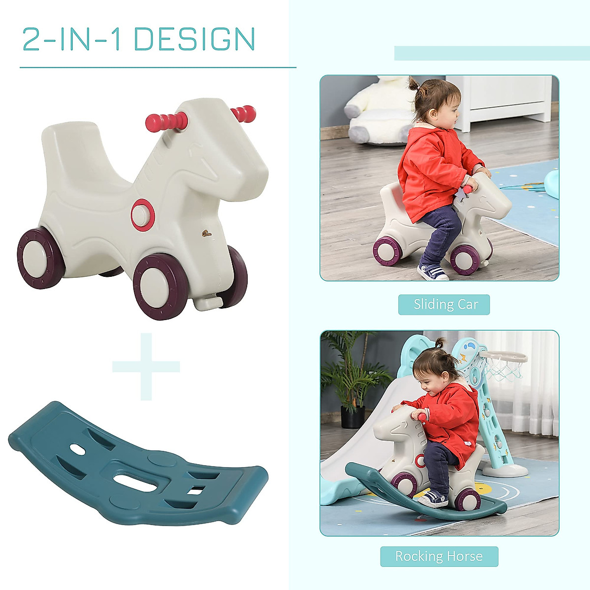 Qaba Kids 2 in 1 Rocking Horse & Sliding Car for Indoor & Outdoor Use w/Detachable Base, Wheels, Smooth Materials, Grey and Green