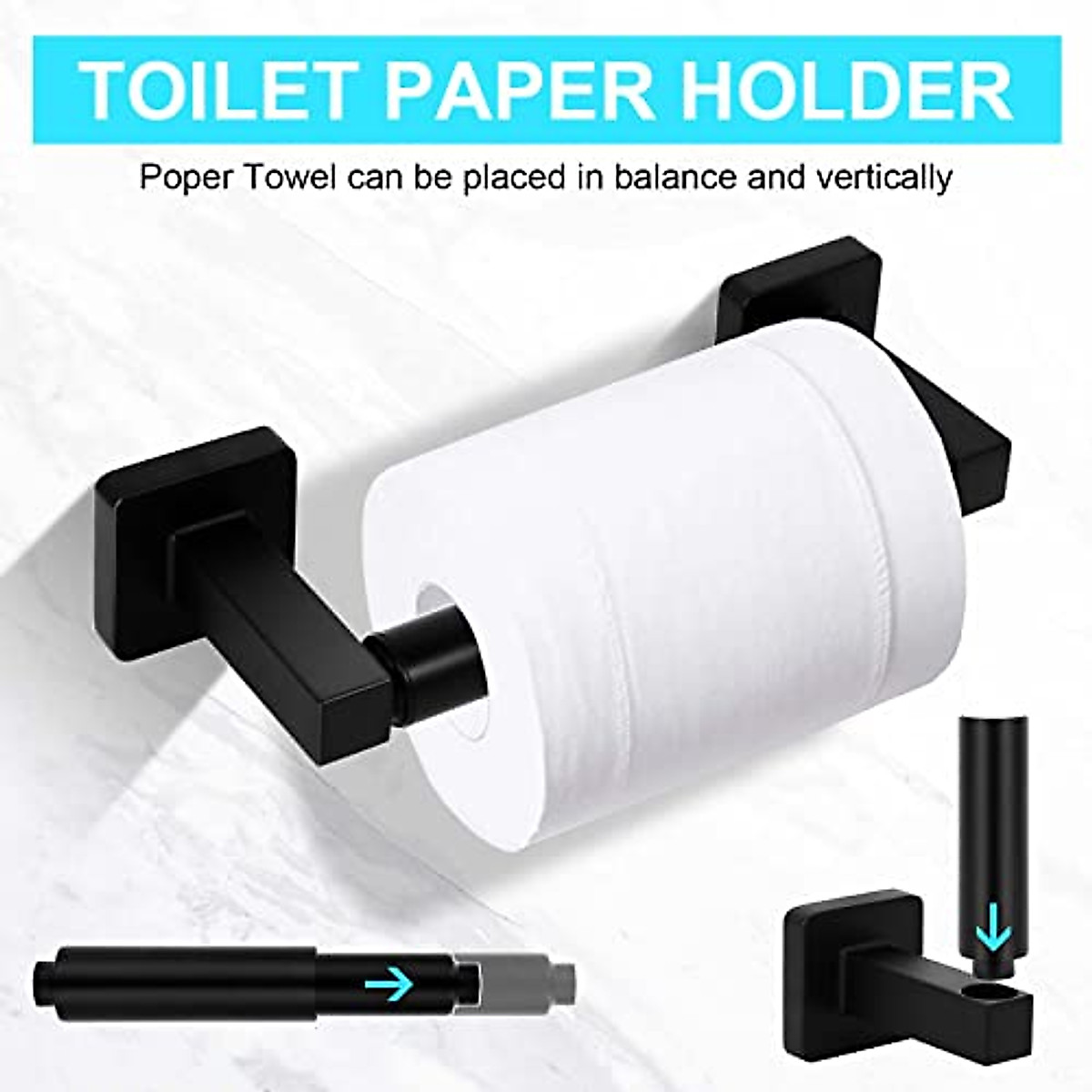 4-PCS Bathroom Hardware Set, Matte Black Bathroom Hardware Set, 16IN Towel Bar Set 304 Stainless Steel, Towel Rack Set Wall Mounted, Hand Towel Bars, Toilet Paper Holder, Towel Ring, Robe Towel Hook