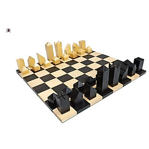 TAJ CHESS STORE Combo Wooden Chess Set- Modern Pyramid Style Wooden Chess Set Pieces Only With 12 Solid Inlaid Roll Up Ebony Wood Chess Board