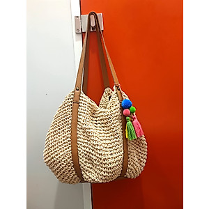 Straw Bag for Women Large Handwoven Bucket Tote with Tassel Slouchy Purse Summer Beach Handbag Wicker Rattan Round Woven Boho Shoulder