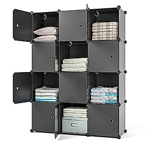 GIMTRR Closet Organizer, 12-Cube Storage with Doors, Closet Organizers and Storage Shelves, Portable Closet Storage System, Clothes Organizer Storage Shelf for Bedroom, Wardrobe, Black