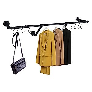 HouseAid 48 Inch Industrial Pipe Clothes Rack, Farmhouse Iron Garment Rack, Vintage Style Hanging Rod for Closet, Wall Mounted, Matte Black (Hooks Included)