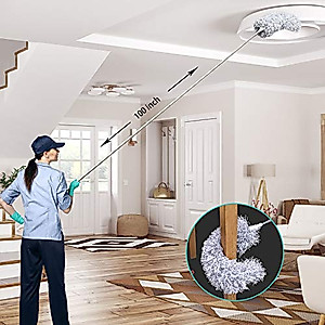 Uwilowe Microfiber Duster with Extension Pole 30 to 100"(Stainless Steel), with Bendable Head, Telescoping Extendable Long Dusters for Cleaning Ceiling Fan, Keyboard, Furniture, Cars
