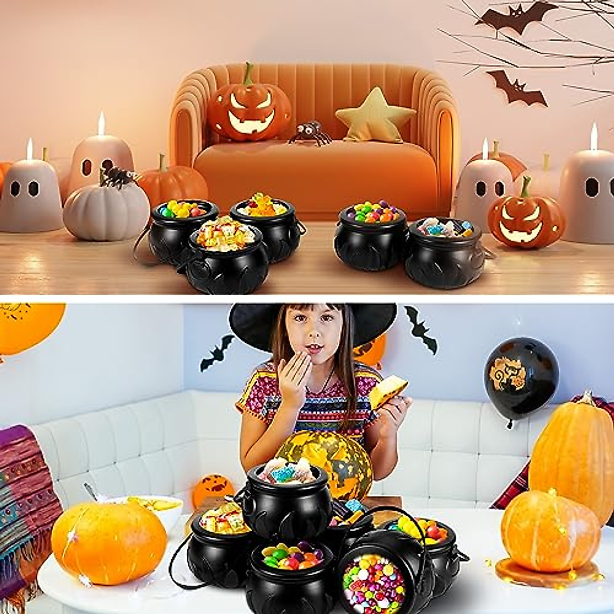 Tanlade Halloween Witch Cauldron, 3 Pcs Candy Serving Bowl on Rack with 3 Black Plastic Cauldron Bowls, Spooky Candy Bucket Punch Bowls for Halloween Party Table Home Decoration(Black)