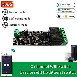 2 Channel WiFi Momentary Inching Relay Self-Locking Switch Module Smart Life/Tuya APP Control WiFi Relay Module for Garage Door Opener, DC 7-32V WiFi Relay Switch Compatible with Alexa Goolge Home