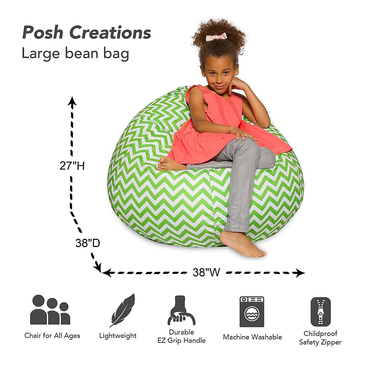 Posh Creations Bean Bag Chair for Kids, Teens, and Adults Includes Removable and Machine Washable Cover, Chevron Green and White, 38in - Large