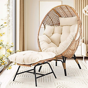 NICESOUL® Wicker Stationary Egg Chair Indoor Outdoor Egg Basket Lounge Chair Oversized Thick Cushions Egg Seat with Legs 440lbs Egg Nest Chair with Ottoman, Boho Rattan Chair for Patio Beige