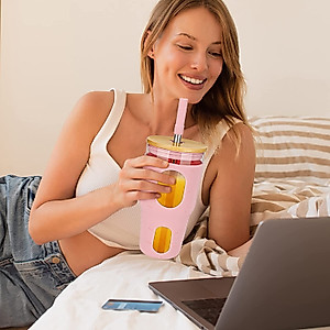 Tronco 32 Oz Tumbler with Straw and Lid, Reusable Drinking Glass Cup with Time Marker, Silicone Sleeve, Fits Cup Holder and Without BPA for Boba Smoothie, Tea, Iced Coffee (Black)