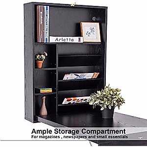 Nightcore Wall Mounted Table w/Classified Storage Space, Foldable Multiple-Purpose Desk, Sturdy Wood Structure, Floating Convertible Desk/Cabinet for Apartment, Narrow Place and Limited Room (Black)