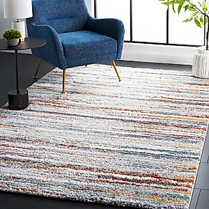 SAFAVIEH Berber Shag Collection Area Rug - 8' x 10', Blue Rust & Ivory, Stripe Design, Non-Shedding & Easy Care, 1.25-inch Thick Ideal for High Traffic Areas in Living Room, Bedroom (BER565A)