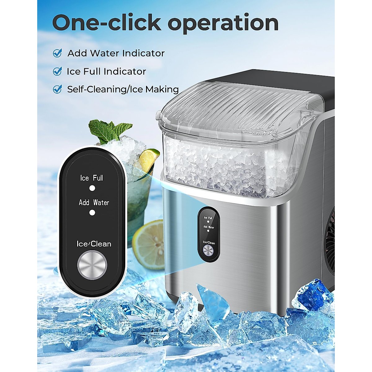 Havato Nugget Ice Maker Countertop with Soft Chewable Pellet Ice,Pebble Portable Ice Machine with Ice Scoop, 34lb in 24Hrs, One-Click Operation, Self-Cleaning, Stainless
