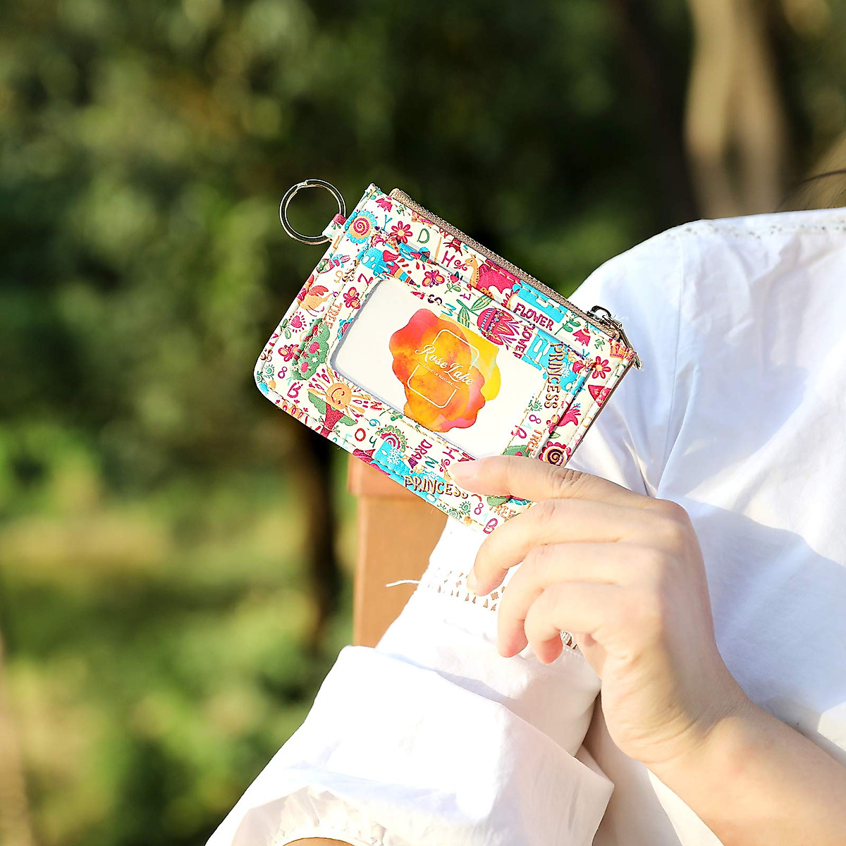 Rose Lake RFID Blocking Credit Card Holder Wallet Slim Card Case Front Pocket Wallet with Key Ring for Women Girls (Colorful Garden)