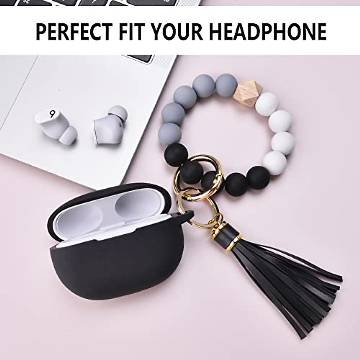 Filoto Case for Beats Studio Buds 2021, Silicone Wireless Earbuds Case Cover with Bracelet Keychain for Women Girls (Black)