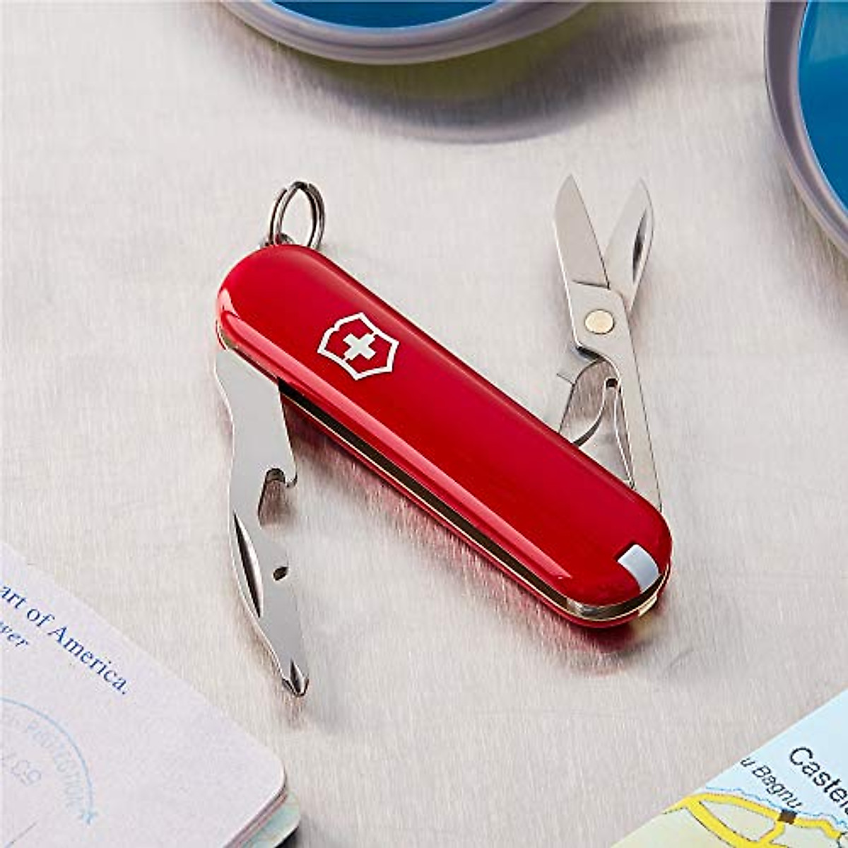 Victorinox Jetsetter Swiss Army Knife, Compact 7 Function Swiss Made Pocket Knife with Scissors, Magnetic Phillips Screwdriver and Key Ring – Red