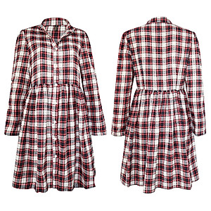 FANCYINN Women's Gingham Stand Collar Shirt Dress Button Up Casual Round Up Long Sleeve Mini Plaid Shirt Dresses Christmas Red and Black XL