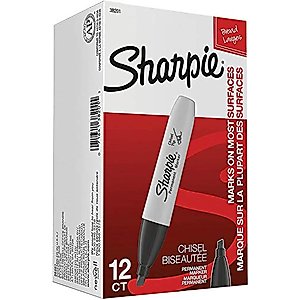 Sharpie Chisel Tip Permanent Markers; Proudly Permanent Ink Marks On Paper, Plastic, Metal, and Most Other Surfaces; Remarkably Resilient Ink Dries Quickly and Resists; Black; Pack of 12 (38201)