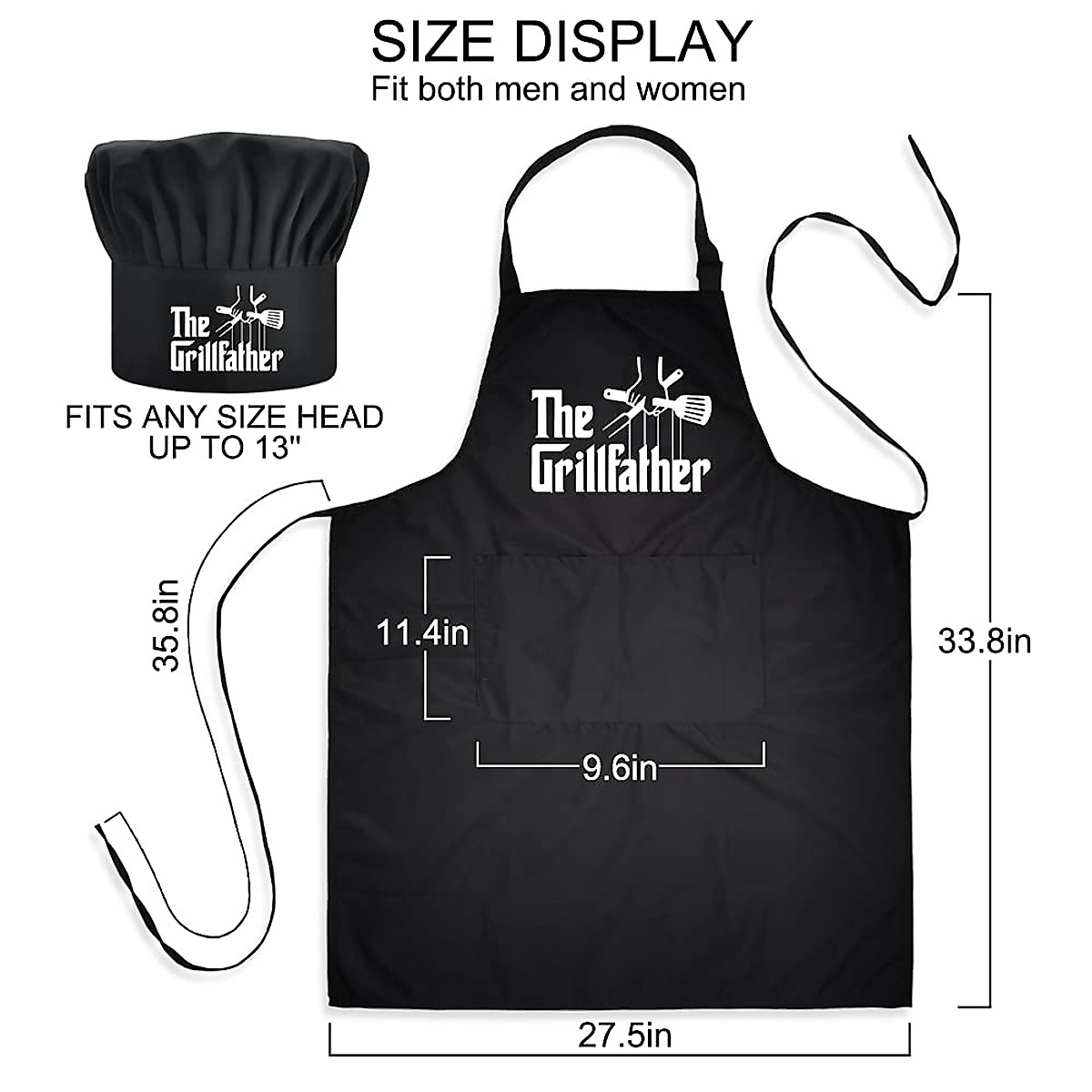 DYJYBMY The Grillfather Chef Hat and Apron Set, Funny Cooking Grilling Apron Gift for Men Woman Dad Mom, Gift for Dad Husband Boyfriend Chef, Adjustable Size