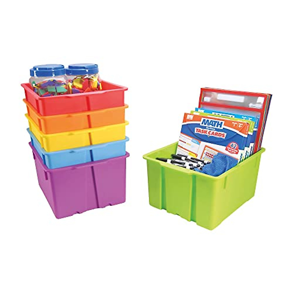 EAI Education Heavy-Duty Bins for Classroom, Office and Home, No Sharp Edges, Stackable, 14 3/8" L 11 1/2" W 7 1/2" H, Assorted Colors, Set of 6