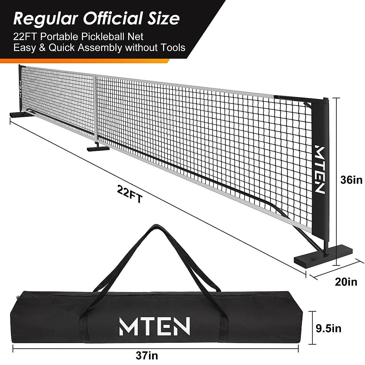 MTEN Pickleball Net, Portable Pickleball Net for Driveway, 22 FT USAPA Regulation Size, Steady Metal Frame, with Carrying Bag for Backyards, Driveways, Outdoor Indoor