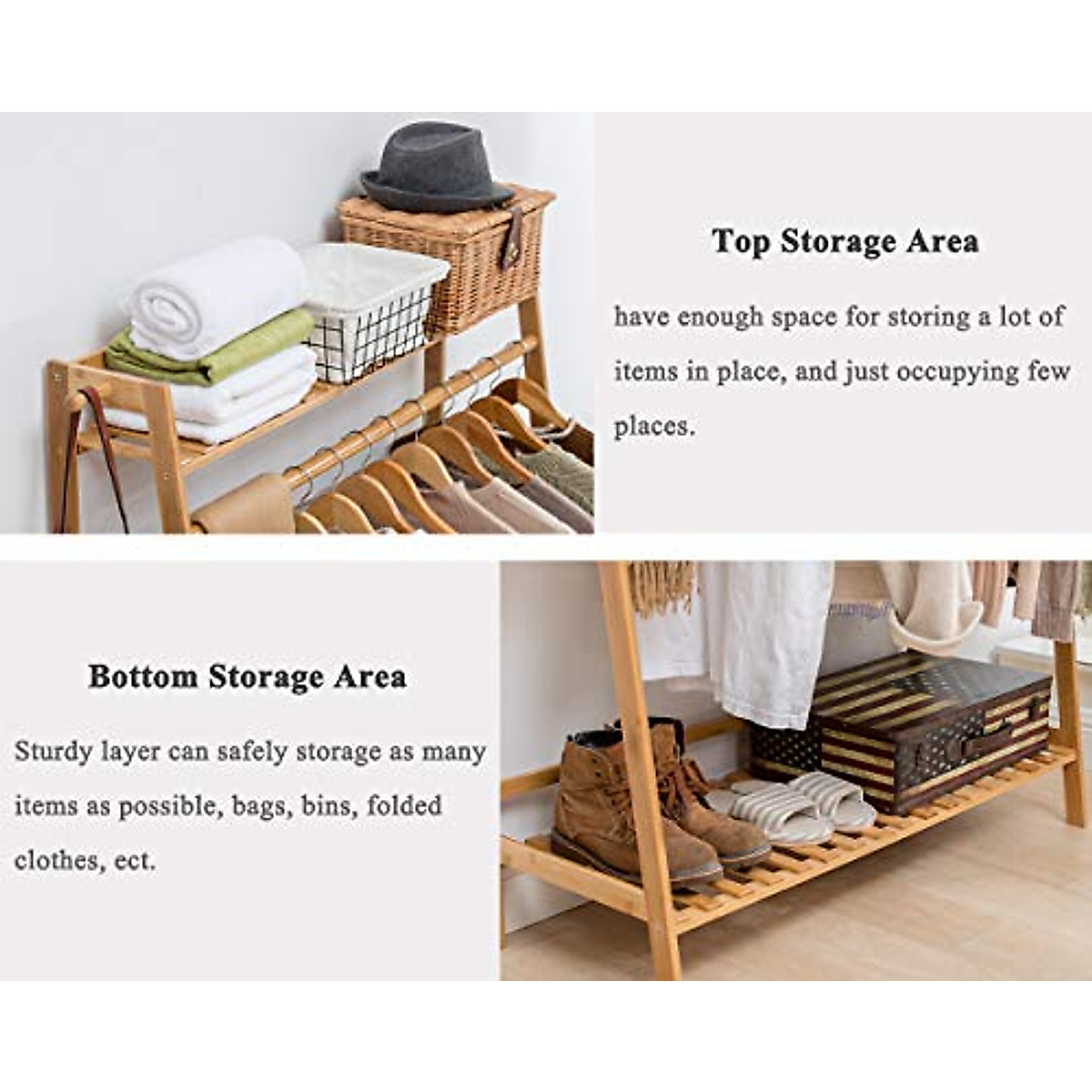 COPREE Bamboo Garment Coat Clothes Hanging Heavy Duty Rack with top Shelf and Shoe Clothing Storage Organizer Shelves