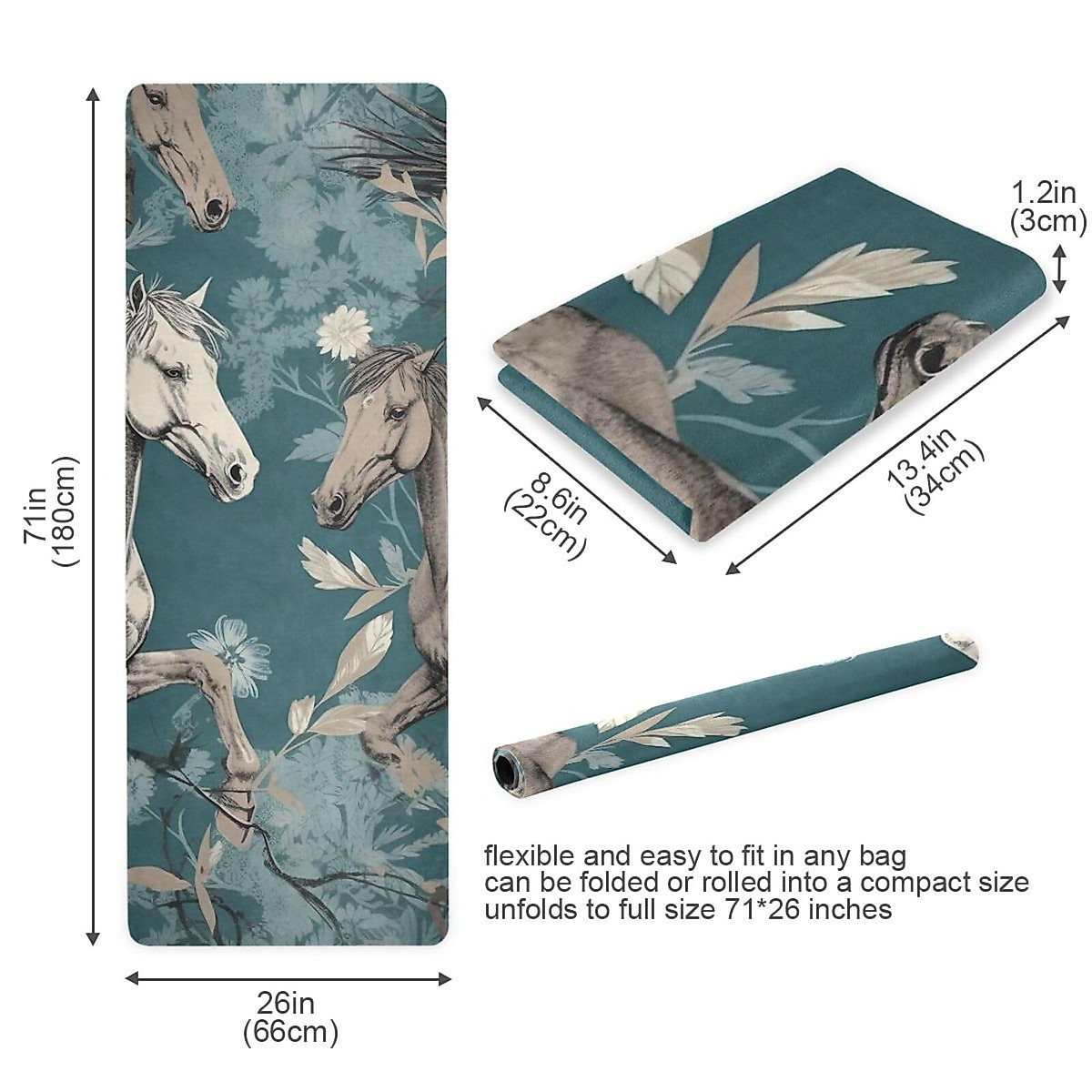 GOODOLD Horses and Flowers Yoga Mat, 71 x 26 Inch Non-slip Yoga Mats Folding Travel Exercise Mat Indoor Outdoor Gym Pilates with Storage Bag for Women Men