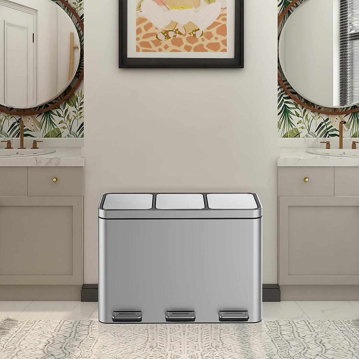 GarveeHome 12 Gallons Rectangular Recycling Trash Can with 3 Compartments, Silver, 45 Liters (4+4+4Gallons)