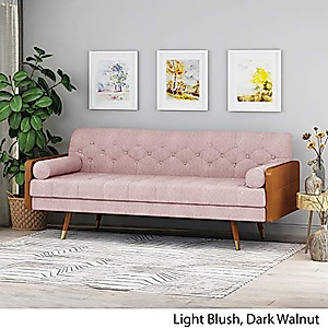 GDFStudio Aidan Mid-Century Modern Tufted Fabric Sofa, Light Blush and Dark Walnut