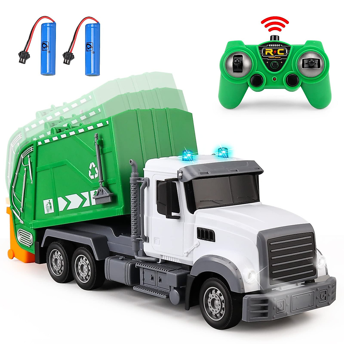 WEMOKA 1:24 Scale Remote Control Garbage Truck Toys, 6 Channel RC Waste Management Garbage Truck, 2.4Ghz Recycling Trash Truck Toys with Two Rechargeable Batteries for Boys and Girls Kids, 15/
