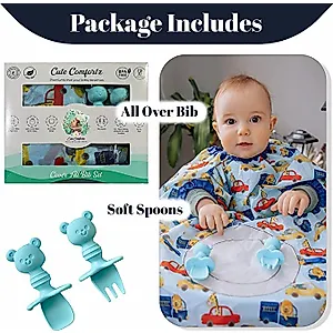 CUTE COMFORTZ Coverall Feeding Bibs Covers to Standard Highchair with Silicone Spoon & Fork, Waterproof allover Bib for Babies