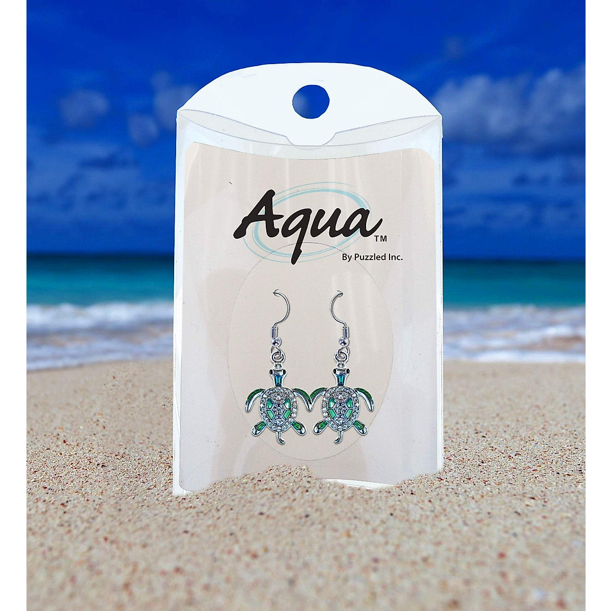 Puzzled Green Sea Turtle Sparkling Earrings - Cute Silver Fish Hook Dangle Earrings Plated in Silver Color with Zinc Alloy Dangling Charm Sparkly Pendant, Elegant Silver Earrings