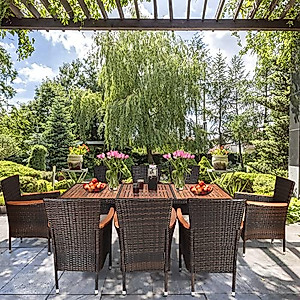 ReunionG 9PCS Outdoor Patio Dining Set, Garden Rattan Wick Furniture Set w/Acacia Wood Table and Stackable Armrest Chairs, Garden Dining Set for Patio, Poolside, Balcony and Indoor, Cushions Included