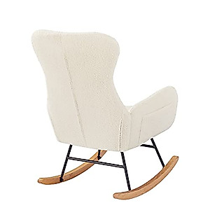 Recaceik Rocking Chair, Modern Teddy Fabric Rocker Glider Chair with High Backrest and Armrest, Comfy Side Chair Bedroom Living Room Chair Armchair, 2 Handy Pockets, Metal Frame, Wood Leg(Beige)